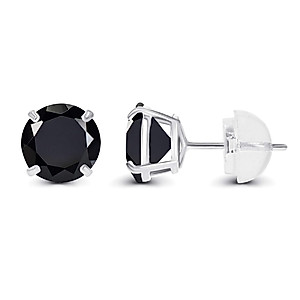 14K Solid White Gold 6mm Round Natural Black Onyx Birthstone Prong Set Stud Earrings For Women