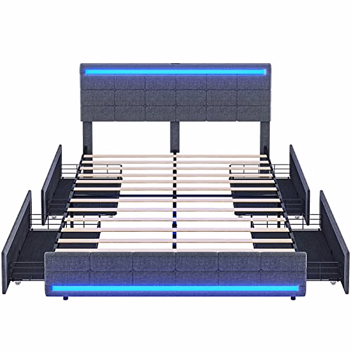 Tiptiper LED Bed Frame Queen Size with 2 USB Ports, LED Headboard & Footboard,Platform Bed Frame Queen Size with Storage Drawers, No Box Spring Needed, Easy Assembly, Dark Grey
