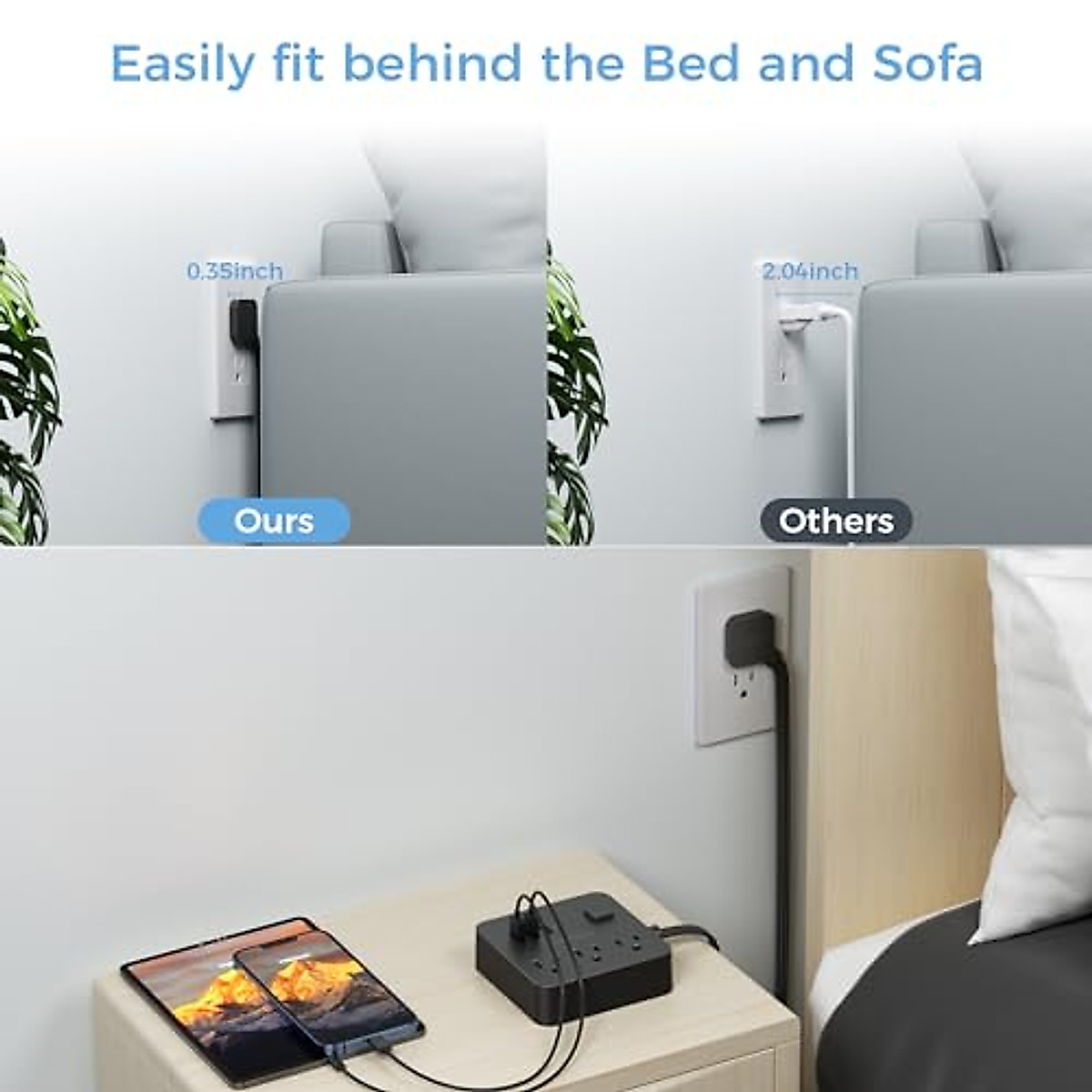 Flat Plug Power Strip, TESSAN Ultra Thin Extension Cord with 3 USB Wall Charger, 5 ft Slim Desk Charging Station Compact for Cruise Ship, Travel, Home, Office, Dorm Room Essentials, Black