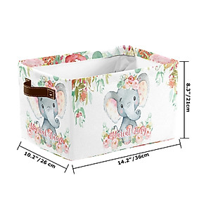 Elephant and Flower Personalized Storage Bins Basket Cubic Organizer with Durable Handle for Shelves Wardrobe Nursery Toy 2 Pack