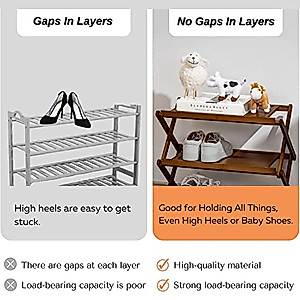 Small 3-Tier Shoe Rack for Closet & Entryway, Installation-free Foldable Bamboo Shoes Storage Organizer, Sturdy Free Standing Three Shelf Shoe Stand for 6-9 Pairs, Brown 20x17x9 Inches