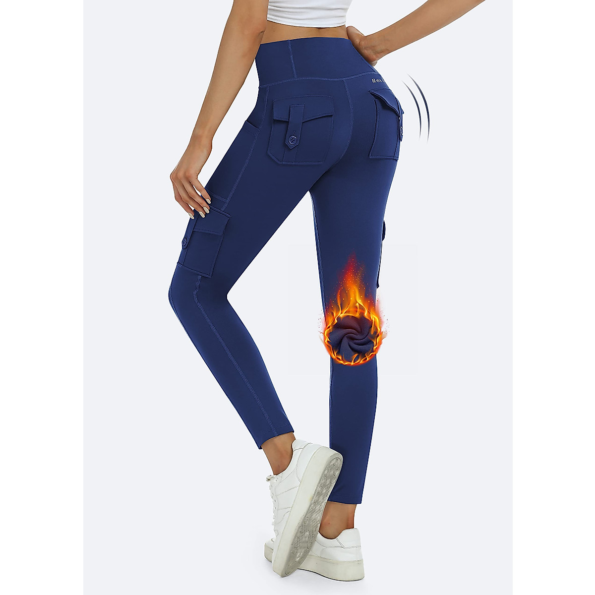MoFiz Women's Cargo Pants Winter Fleece Lined Leggings Warm Water Resistant Thermal Insulated Sports Hiking Joggers Legging Running Tights High Waisted Navy 2XL