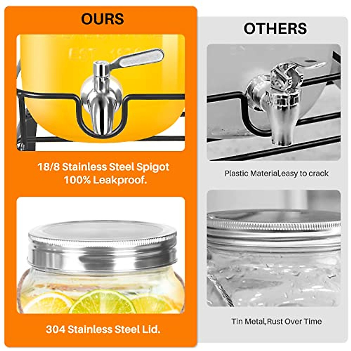 Drink Dispenser (2 Pack) With Metal Stand,Drink Dispensers for Parties,1 Gallon Beverage Dispenser with Stainless Steel Spigot & Lid,Come with Ice Cylinder,Fruit Tube and 2 Rubber Mats