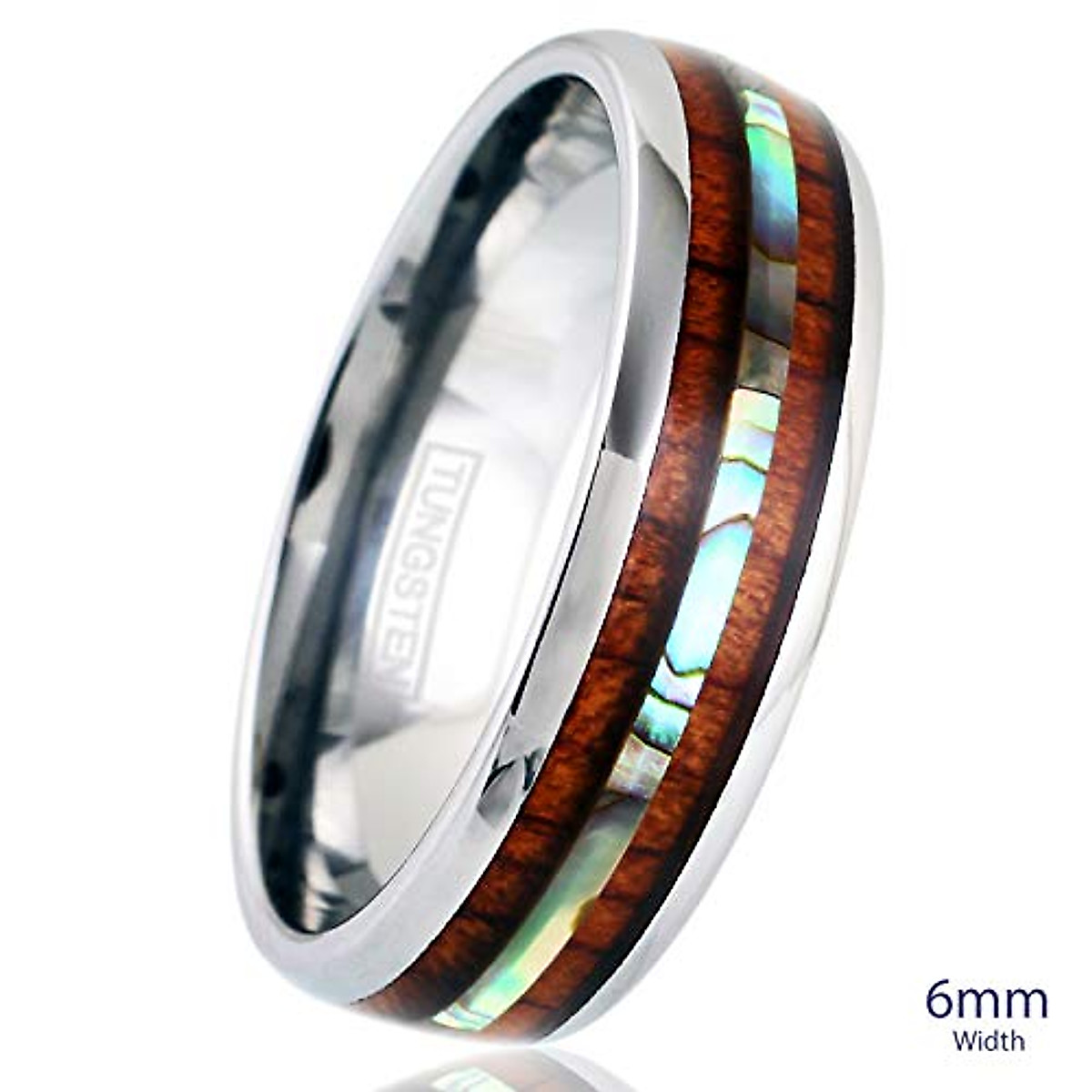 King's Cross Personalized Engraved Elegant 6mm/8mm Silver Tungsten Wedding Band w/Beautiful Koa Wood & Abalone Inlays (tungsten (8mm), 12.5)
