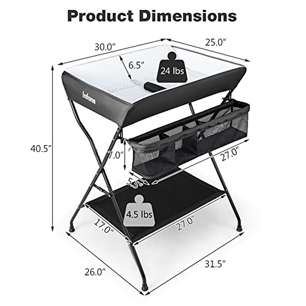 INFANS Baby Changing Table, Folding Diaper Station Portable Nursery Organizer with Safety Belt and Large Storage Racks for Newborn Baby and Infant (Black)