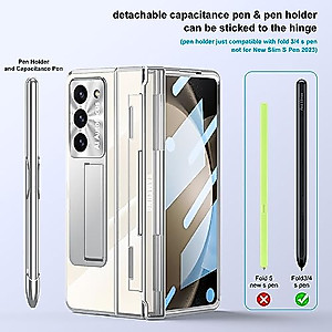 Libeagle Compatible with Samsung Galaxy Z Fold 5 Case with Innovative Hinge Protection, Detachable S Pen Holder & Capacitance Pen, Non-Yellow Clear Back, Screen Protector, Stand Cover 5G 2023, Silver