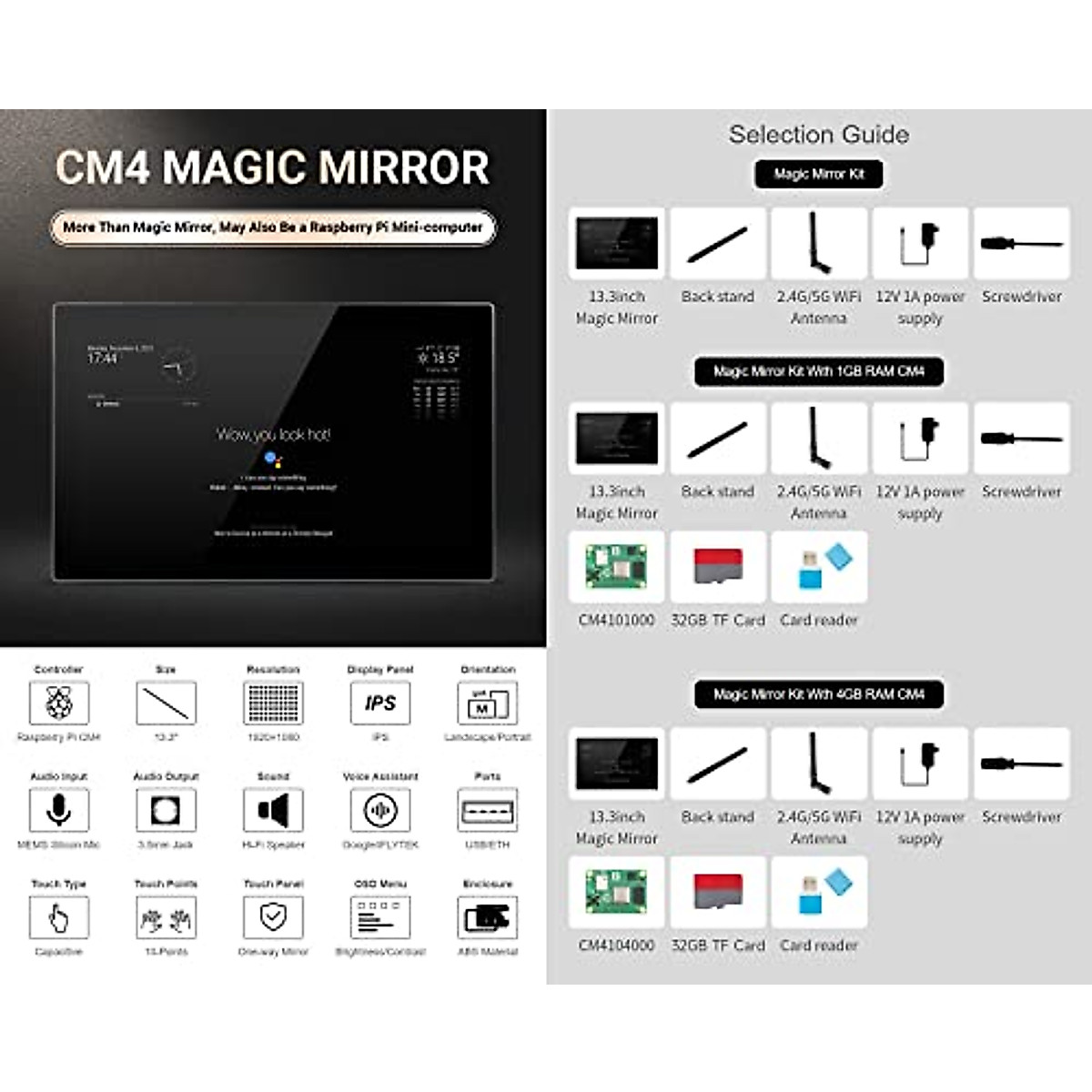 waveshare 13.3inch Magic Mirror Mini-Computer Powered by Raspberry Pi CM4 13.3inch HD Touch Screen with USB/ETH Ports with Powerful Raspberry Pi CM4101000 Inside