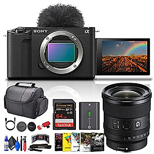 Sony Alpha ZV-E1 Full-Frame Vlog Mirrorless Lens Camera (Black) (ILCZVE1/B) FE 20mm G Lens + 64GB Card + Corel Photo Software + Card Reader + Case + Flex Tripod + Cleaning Kit (Renewed)