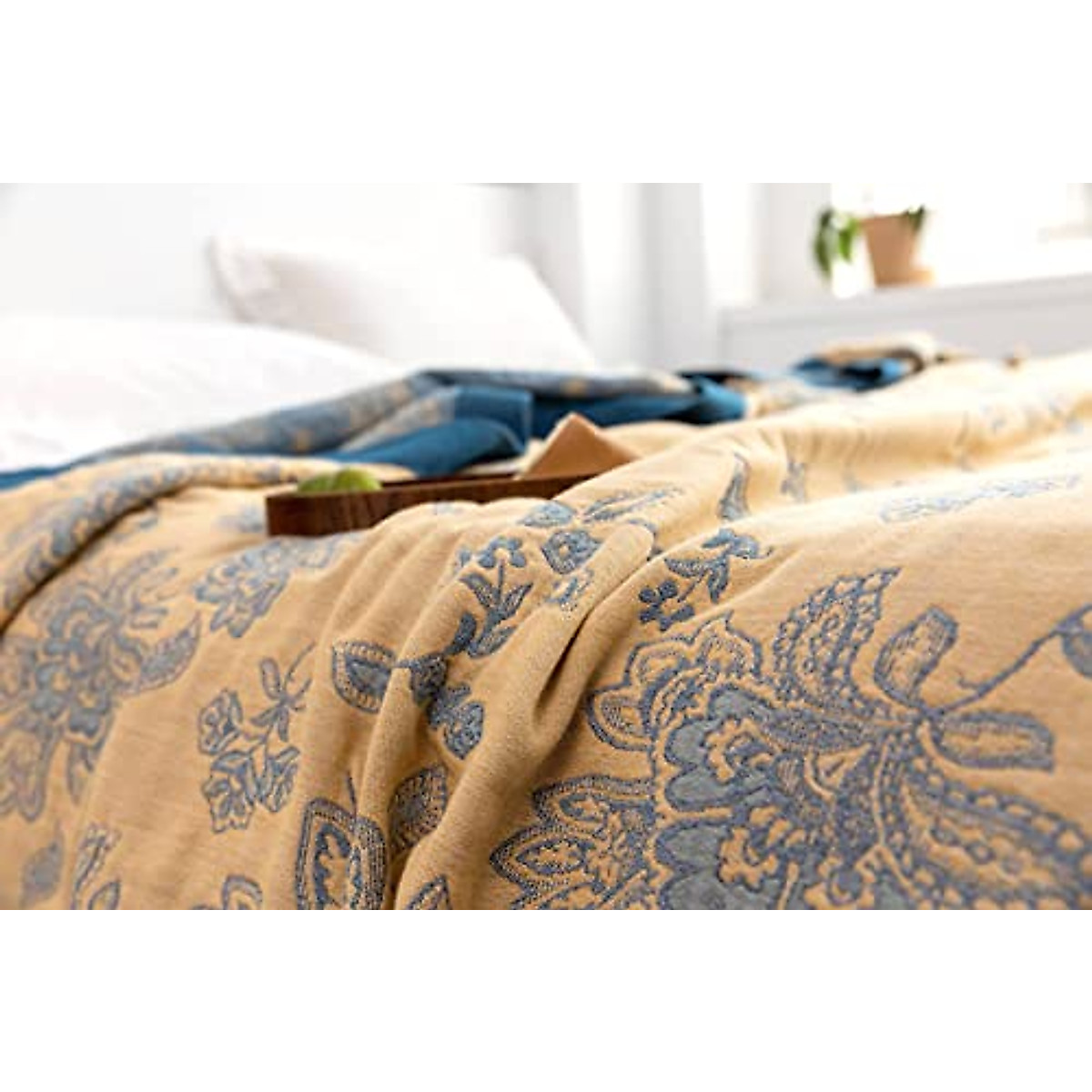 DECMAY Muslin Warm Bohemian Throw Blanket, 5-Layer Cotton Bedspread Blanket for Bed Couch, Super Soft, Cozy for All Seasons Twin Size (Yellow, 60"X80")