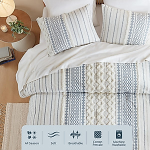 INK+IVY Comforter for Queen Size Bed, Chenille Tufted, Breathable Cotton Comforter Set Queen, All Season Modern Boho Comforter with Farmhouse Bedding Flare, 2 Matching Shams, Queen White/Navy 3 Piece