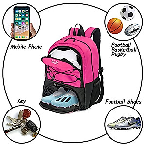 WOLT | Youth Soccer Bag - Soccer Backpack & Bags for Basketball, Volleyball & Football Sports, Includes Separate Cleat Shoe and Ball Compartment, for Girls & Women (Pink)