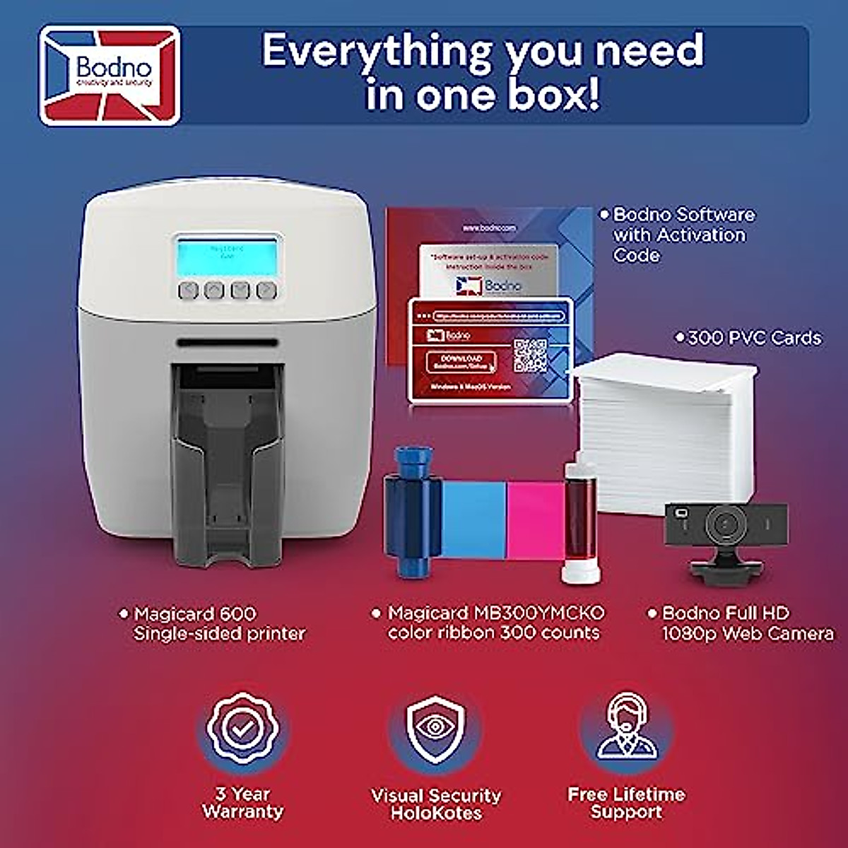 Bodno Magicard 600 Single Sided ID Card Printer & Complete Supplies Package ID Software - Bronze Edition