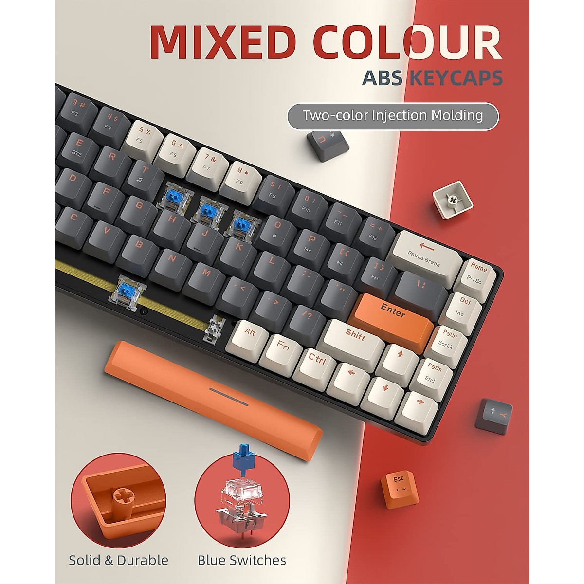 ZIYOU LANG RK68 60% Wireless Mechanical Keyboard,Bluetooth 5.0/2.4Ghz Dual Mode Receiver,Hot-Swappable mini 68-Key,Retro Color Keycaps,Clicky Blue Switch,Ultra Power Saving for PC PS4 Xbox iPhone ipad