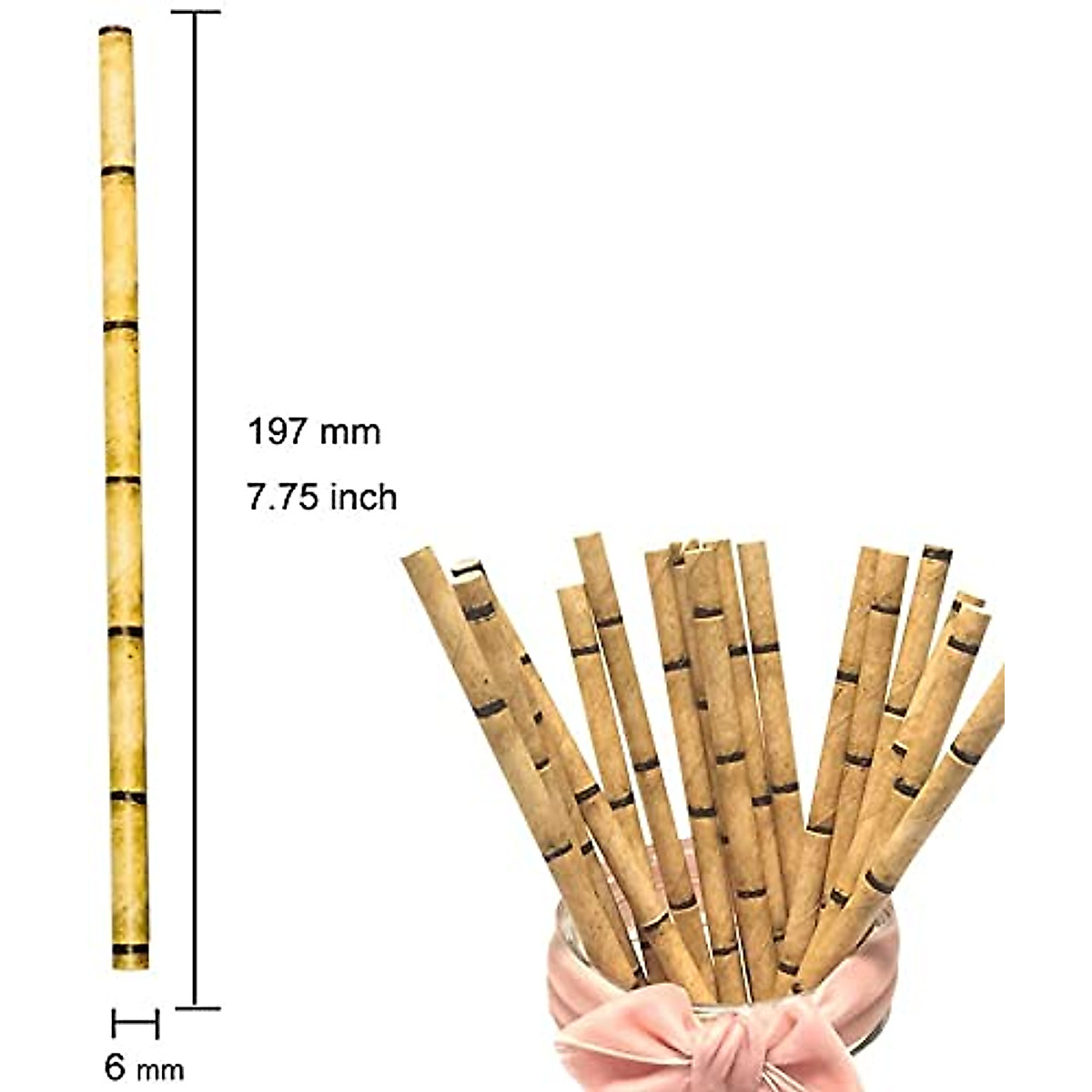 100 Pack Biodegradable Yellow Bamboo Paper Straws, Disposable Tropical Drinking Straws Cake Pop Sticks