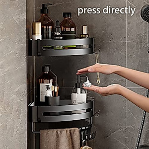 HOMHII Shower Caddy 2-Pack Aluminum Bathroom Organizer No Drilling Shower Shelves Black With Towel Bar And Removable Hooks