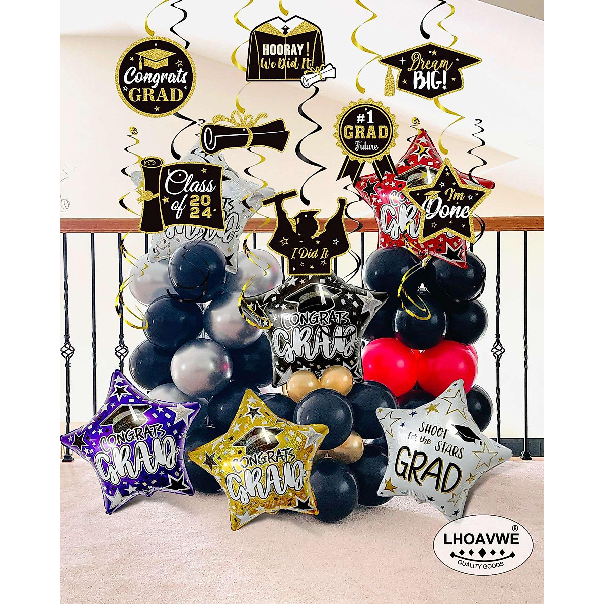Congrats Grad Decorations Gold 2024 Graduation Hanging Swirls Class of 2024 Grad Banner Graduation Party Decorations Supplies