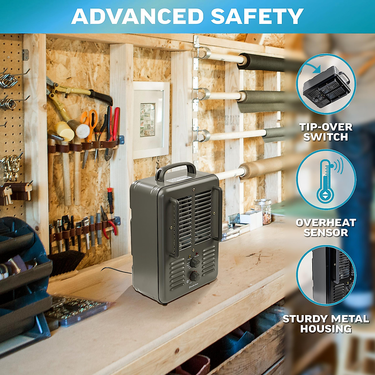 Comfort Zone Milkhouse Style Utility Space Heater with Adjustable Thermostat, Electric, Portable, 3-Prong Plug, Overheat Protection, & Tip-Over Switch, Ideal for Garage or Workshop, 1,500W, CZ798GR3