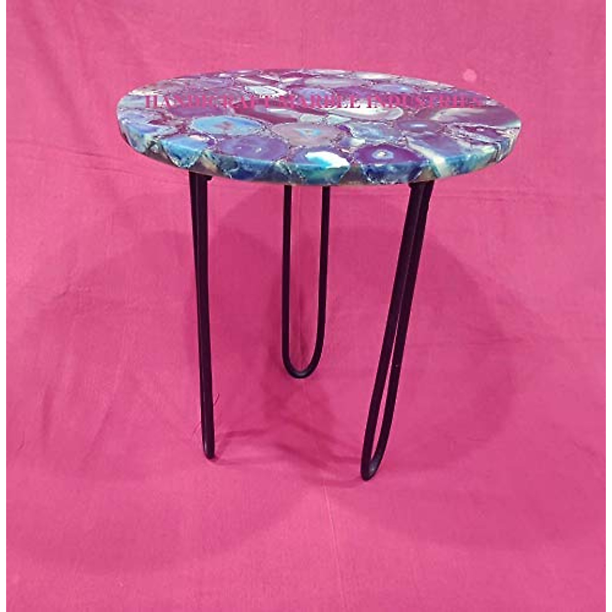12" Inch Agate Table, Round Blue Agate Coffee Table with Hair Pin Style Metal Base, Stone Coffee Table, Agate Table Top, Agate Round Coffee Table, Agate Side Table Home Decor