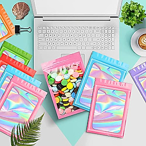 Funfery 100 pcs Pink Mylar Holographic Bags Packaging Bags,Clear Seal Resealable Smell Proof Bags Foil Pouch Bags for Food Storage and Lipgloss,Jewelry,Eyelash Packaging for Small Business(3x4.7In)