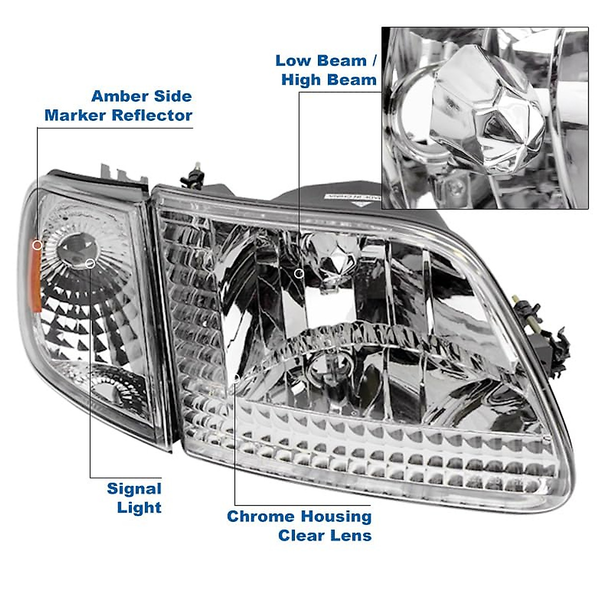 ZMAUTOPARTS Replacement Headlights with Corner Signal Lamps Chrome/Amber For 1997-2003 Ford F-150/1997-2002 Expedition