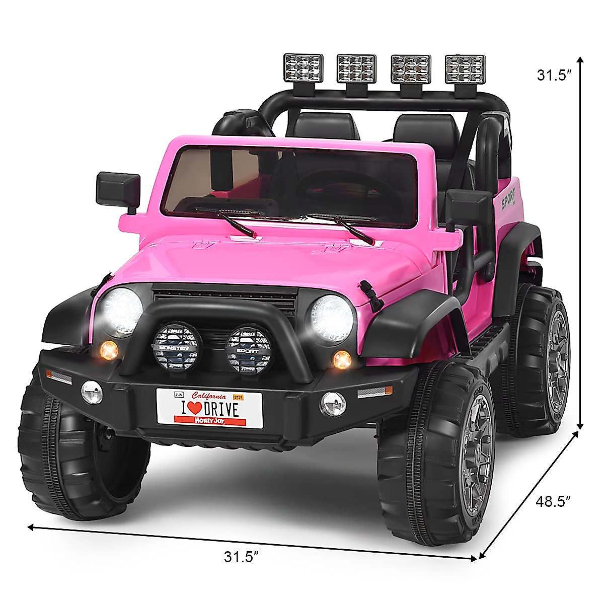 HONEY JOY 2 Seat Ride On Truck, 12V Off-Road Ride On Car with Remote Control, Slow Start, Spring Suspension, LED Lights, Music, 3 Speeds, Battery Powered Electric Vehicle for Two Kids(Pink)