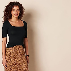 Amazon Essentials Women's Slim-Fit Half Sleeve Square Neck T-Shirt, Black, X-Large