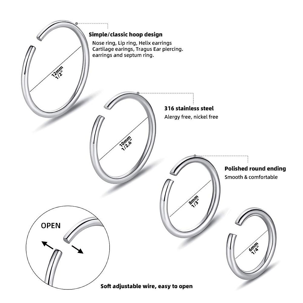 WBRWP 316L Stainless-Steel Piercing-Ring Hinged Nose-Rings-Hoop : 20G Womens and Mens Body Pierecing Ring Segment Clicker Lip Rings Cartilage Rook Earrings Diameter 8mm (each color 2 piece)