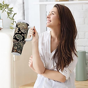 Maunzc 30 oz Tumbler with Handle and Straw, Insulated Stainless Steel Travel Mug with Lid for Coffee, Iced Tea, Water, Gift for Men Women (Peacock Paisley Textile)