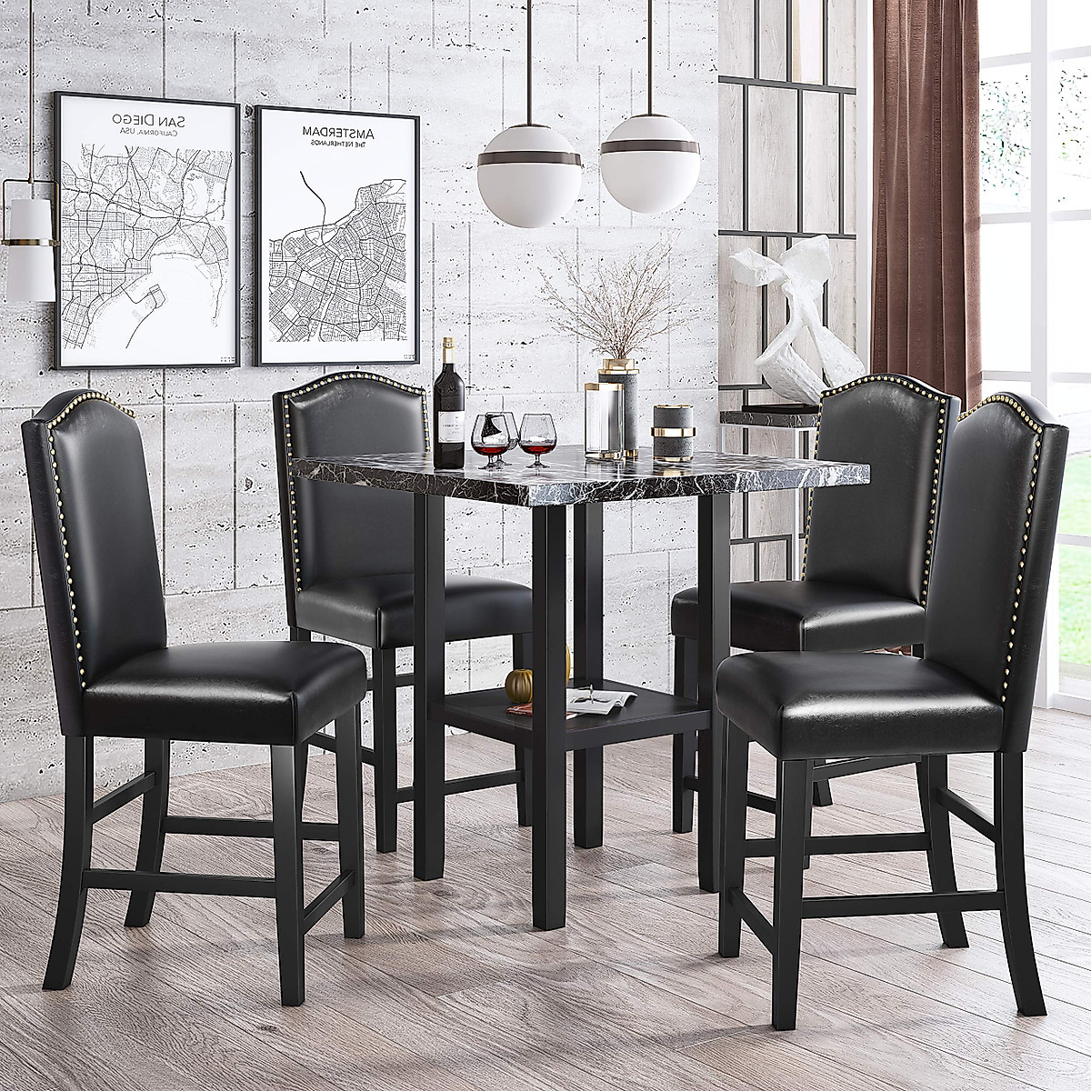 Bellemave Counter Height Dining Table Set with Storage Shelf 5 Piece Bar Height Faux Marble Table and Chairs Dinning Room Breakfast Table Set Pub Table and Chairs Set of 4, Black Chair+Black Table