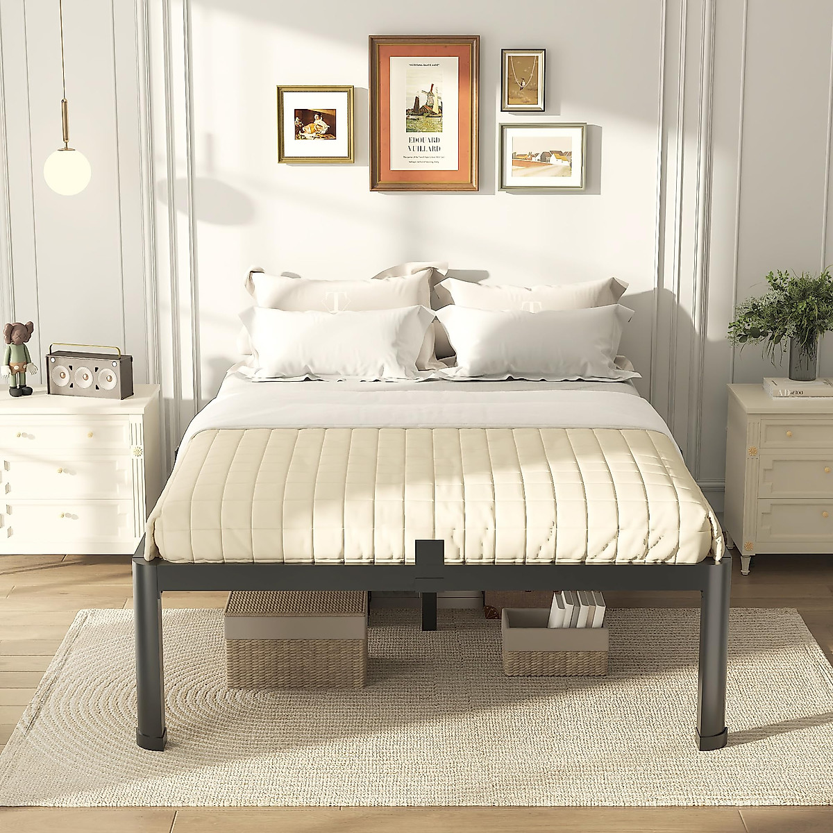 Firpeesy 18 Inch Full Size Bed Frame Metal with Sturdy Steel Round Corner Leg, 3500 lbs Heavy Duty Metal Full Platform Bed with Steel Slats Support，Black Full Bedframe，No Box Spring Needed