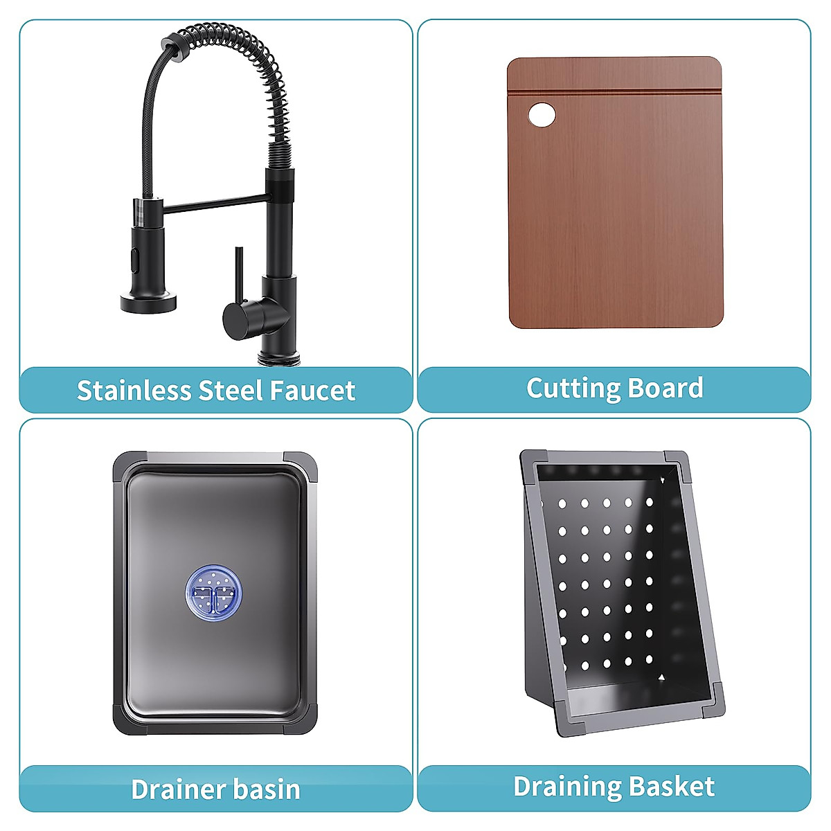 29.5 x 18 inch Kitchen Sink, Single Bowl Stainless Steel Sink Multifunctional Drop In Sink with Pull-Down Faucet and Multiple Accessories (Black Grey, 29.5 * 18)