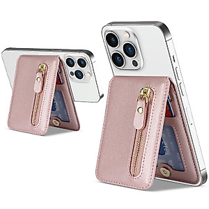 Cavor Compatible with Apple Magsafe Wallet with Adjustable Stand,Magnetic Wallet for iPhone 16 Pro Max/15/14 Plus/13/12 Magsafe Card Holder Magsafe Phone Wallet Zipper Pocket-Pink