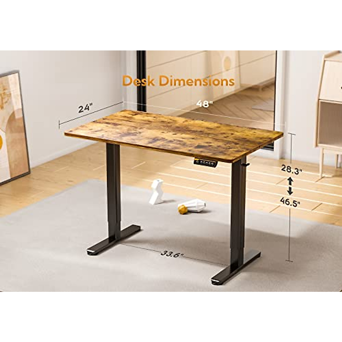 Claiks Electric Standing Desk, Adjustable Height Stand up Desk, 48x24 Inches Sit Stand Home Office Desk with Splice Board, Black Frame/Rustic Brown Top