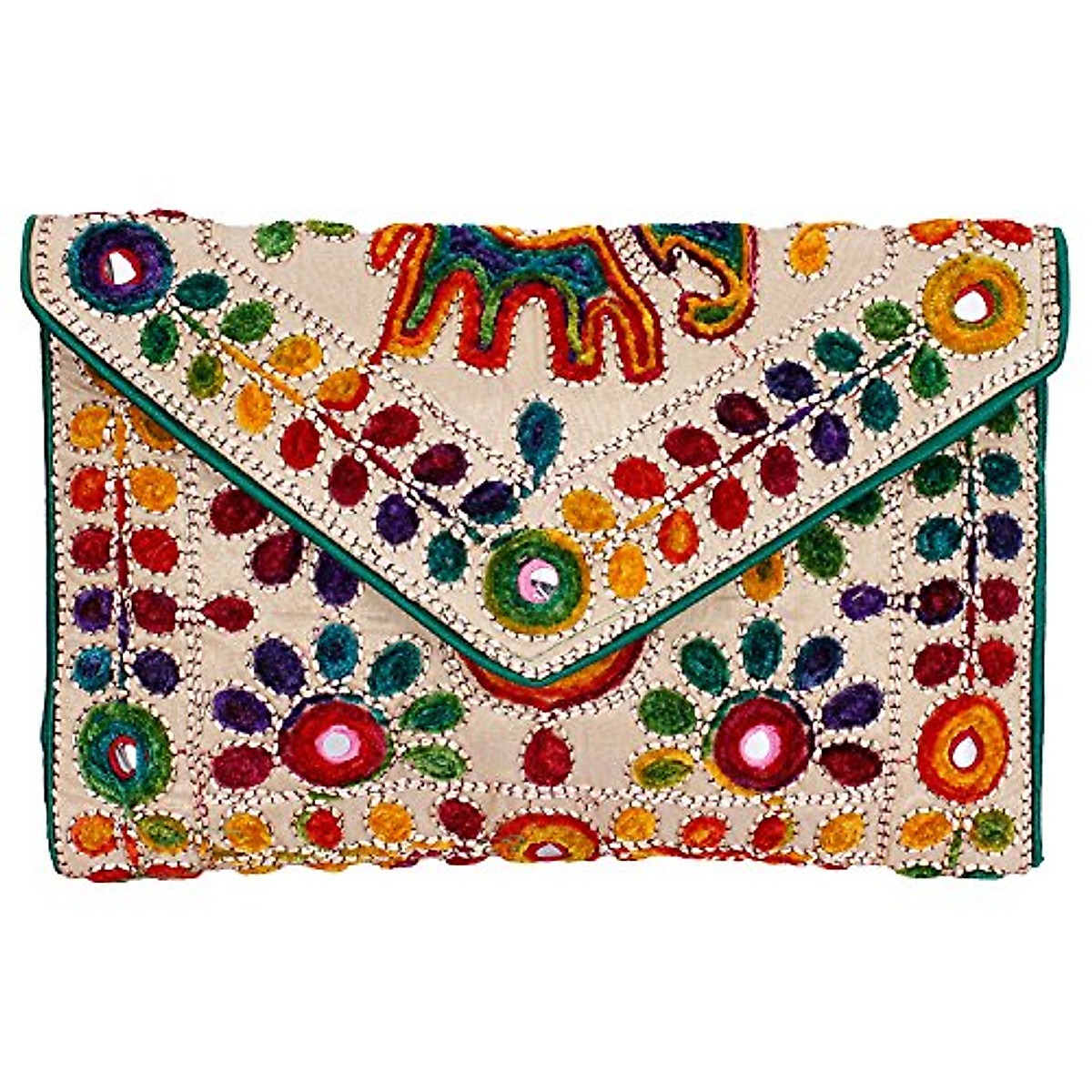 Rajasthani Jaipuri Art Sling Bag Foldover Clutch Purse (Green With Golden Front)- Quality Checked