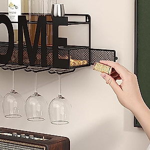 SODUKU Wall Mounted Metal Wine Rack 4 Long Stem Glass Holder & Wine Cork Storage Home