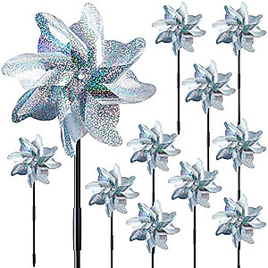 16 PCS Reflective Pinwheels with Stakes, NOVWANG Extra Sparkly Pinwheels for Yard and Darden, Garden Pinwheels Bulk, Bird and Animal Deterrent Device to Scare Birds Away from Patio(Silver)