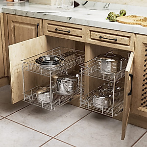 ROOMTEC New Version Pull Out Cabinet Organizer for Base Cabinet (17" W X 21" D), Kitchen Cabinet Organizer and Storage 2-Tier Cabinet Pull Out Shelves Under Cabinet Storage for Kitchen Silver,Chrome