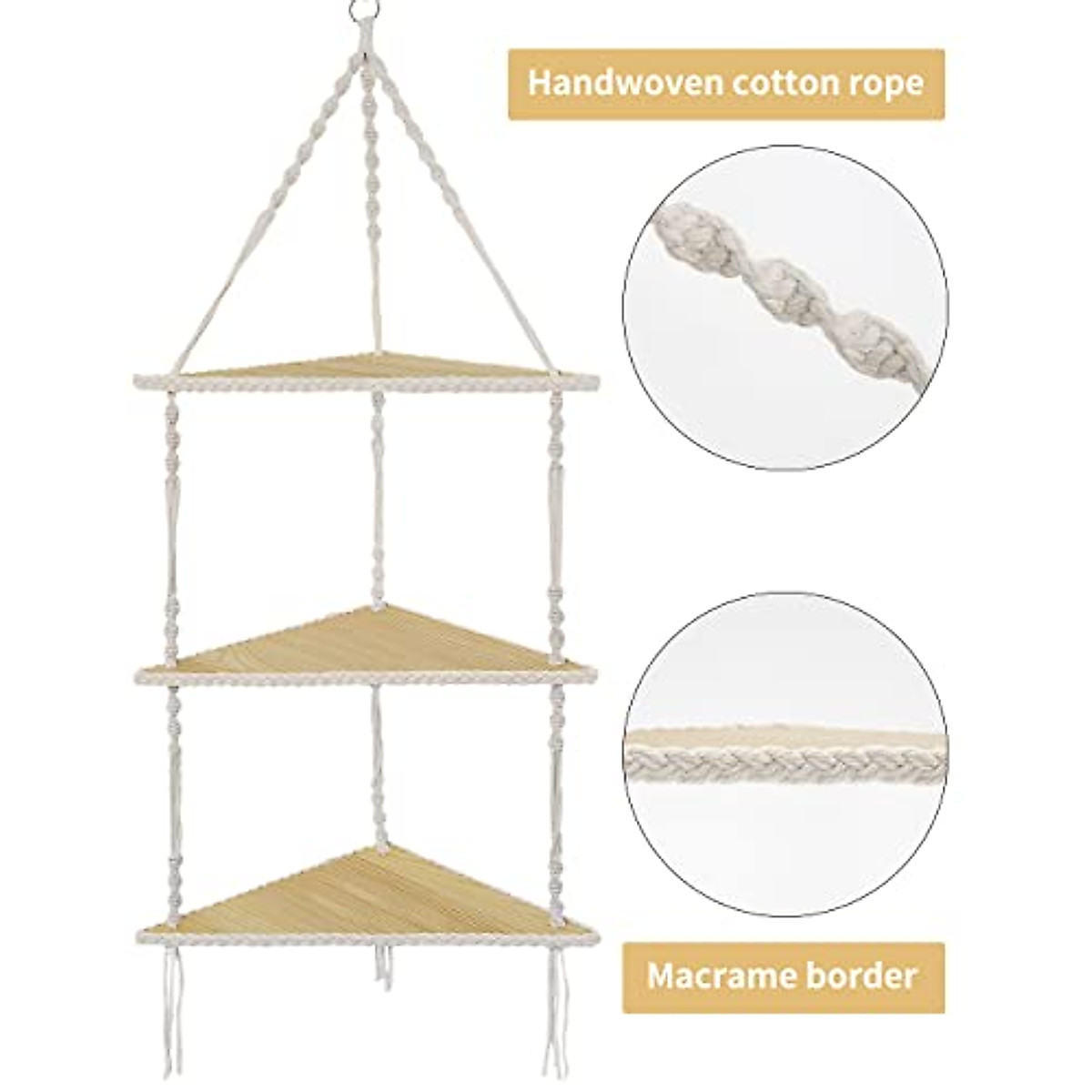 Mazjoaru Macrame Corner Shelves 3 Tier, Boho Handmade Woven White Rope Beige Hanging Floating Shelf Decor Display Storage Organizer for Bedroom Bathroom Office Living Room