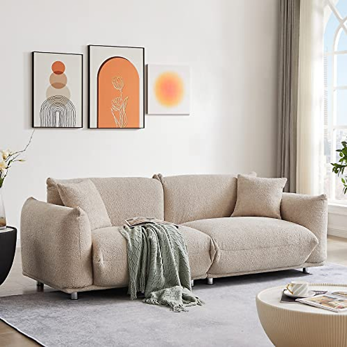 Hommoo Mid Century Modern Couch for Living Room Bedroom Soft Loveseat Sofa Boucle Sofa with Metal Legs Comfy Couch 87" W Small Couch for Small Space with Pillows Camel