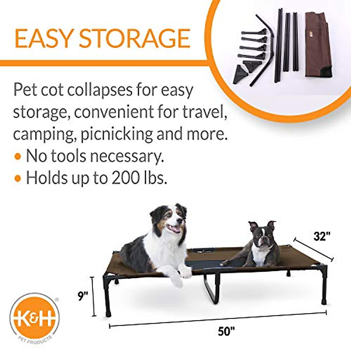 K&H Pet Products Original Pet Cot Elevated Dog Bed Chocolate/Black Mesh X-Large 32 X 50 X 9 Inches