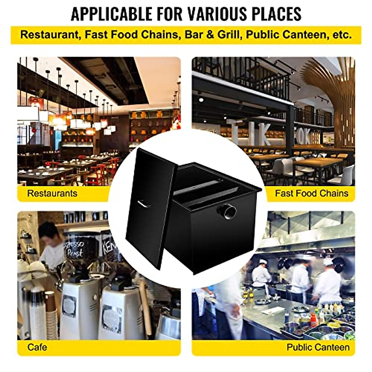 VEVOR Commercial Grease Interceptor 8 LB, Carbon Steel Grease Trap 4 GPM, Grease Interceptor Trap with Side Water Inlet, Under Sink Grease Trap for Restaurant Canteen Factory Home Kitchen