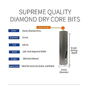 VORTEX DIAMOND WPDB 3 inch Dry Drill Core Bits with Diamond Aligned Segment for Brick Concrete Masonry 5/8 in -11 Threaded (3 in ), Black