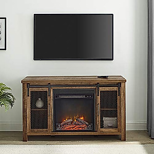 Walker Edison Tall Farmhouse Metal Mesh Barndoor and Wood Universal Fireplace TV Stand or TV's up to 55" Flat Screen Living Room Storage Entertainment Center, 48 Inch, Rustic Oak