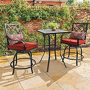 Omelaza 3 Pcs Patio Swivel Bar Stools Set, Outdoor Bar Height Bistro Chairs Set with 2 Cushioned Chairs & 1 Square Bistro Table, Backyard, Lawn, Garden, Black