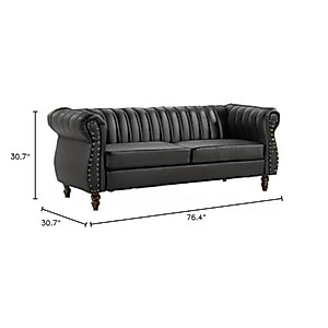 Container Furniture Direct Chesterfield-Inspired 77" Faux Leather Sofa with Elegant Design, Gourd Legs, and Sustainable Pleather Upholstery, 3 Seater Couch for Living Rooms and Offices, Black