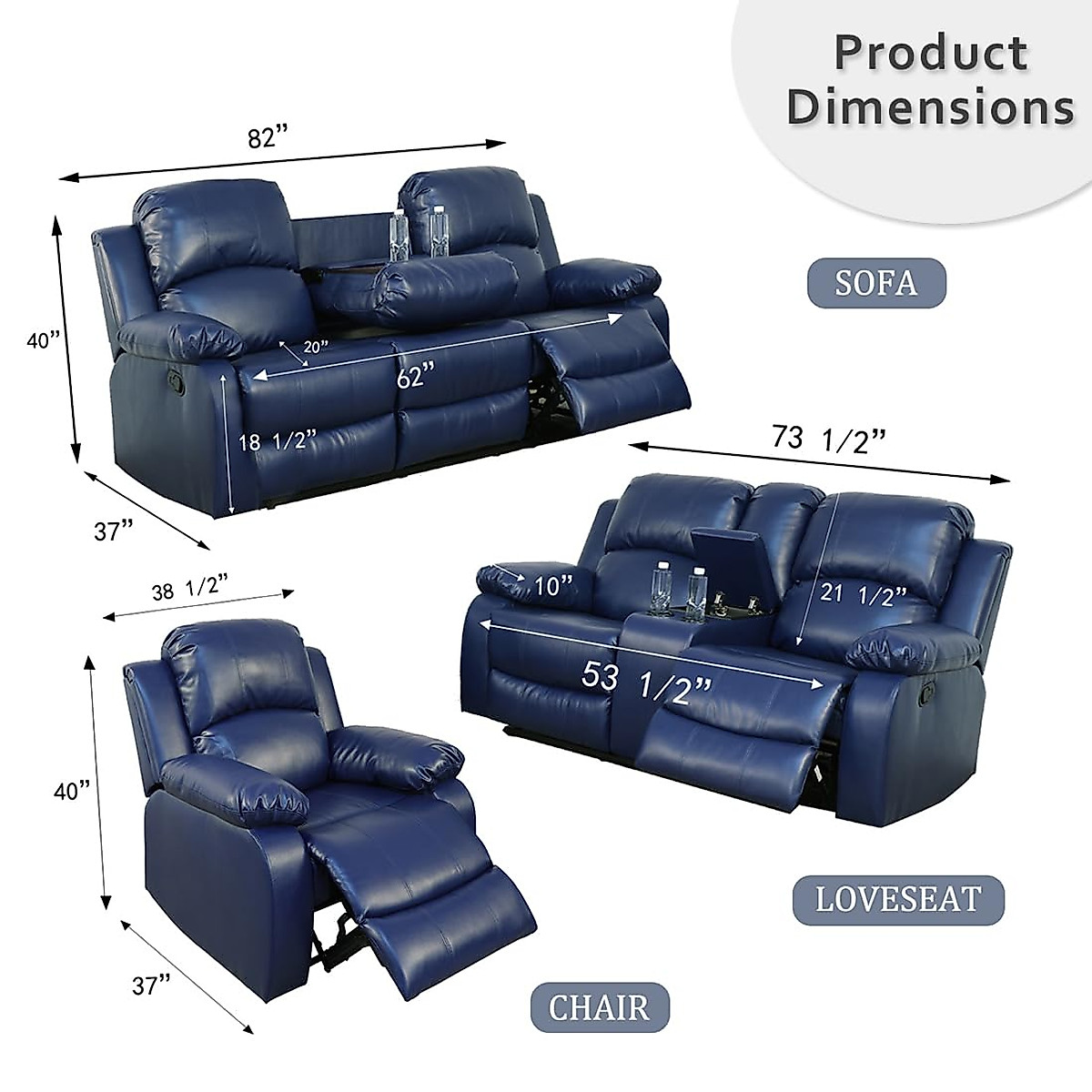 Dekmxas 2 Seater Recliner Loveseat, Bonded Leather Couch Living Room Furniture, Manual Reclining Loveseat Couch with Cup Holders and Storage Console for Home/Rv Car(Bonded Leather Blue, Loveseat)