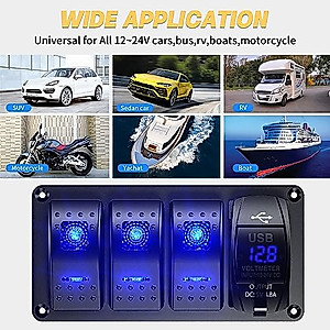 3 Gang Rocker Switch Aluminum Panel with Voltmeter & Dula USB Charger (4.8 Amp) 12V/24V DC Rocker Switch with Night Glow Stickers, Waterproof for Marine, Boat, Car, Truck, Jeep (Blue)