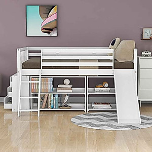 ATY Wooden Twin Size Low Loft Bed, Bedroom Bunkbed Frame with Attached Bookcases & Separate 3-Tier Drawers, Convertible Ladder and Slide, Home Furniture for Saving Space, White