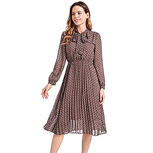 HAOKEKE Women Print Dress Long Sleeves Chiffon Dress Retro Pleated Buttons Down Bow Tie Fairy Lady Dress Brown Grid US 10