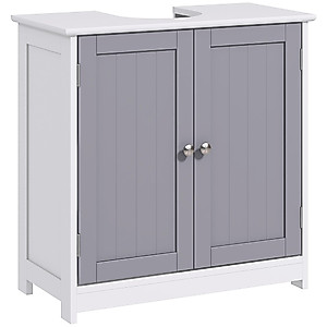 kleankin Pedestal Sink Storage Cabinet, Vanity Base Cabinet, Under Sink Bathroom Cabinet with U-Shape Cut-Out and Adjustable Internal Shelf, White and Gray